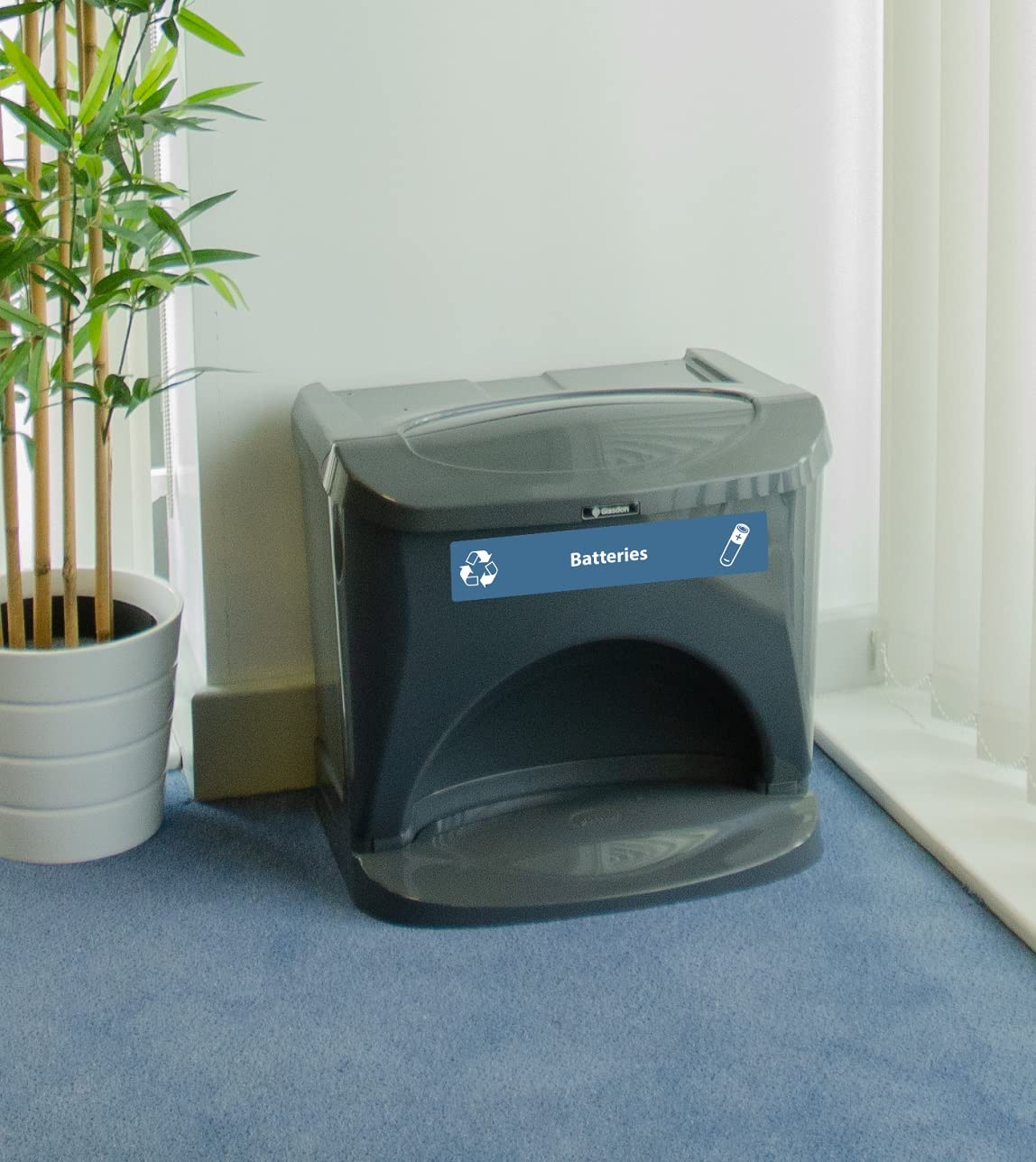 Glasdon Nexus Stack 8G Battery Recycling Bin (Dark Gray, Blue Battery Recycling Decals) β Compact 8-Gallon Stackable Battery Recycle Containers β 1 x 8-Gallon Multi-Waste Battery Bin