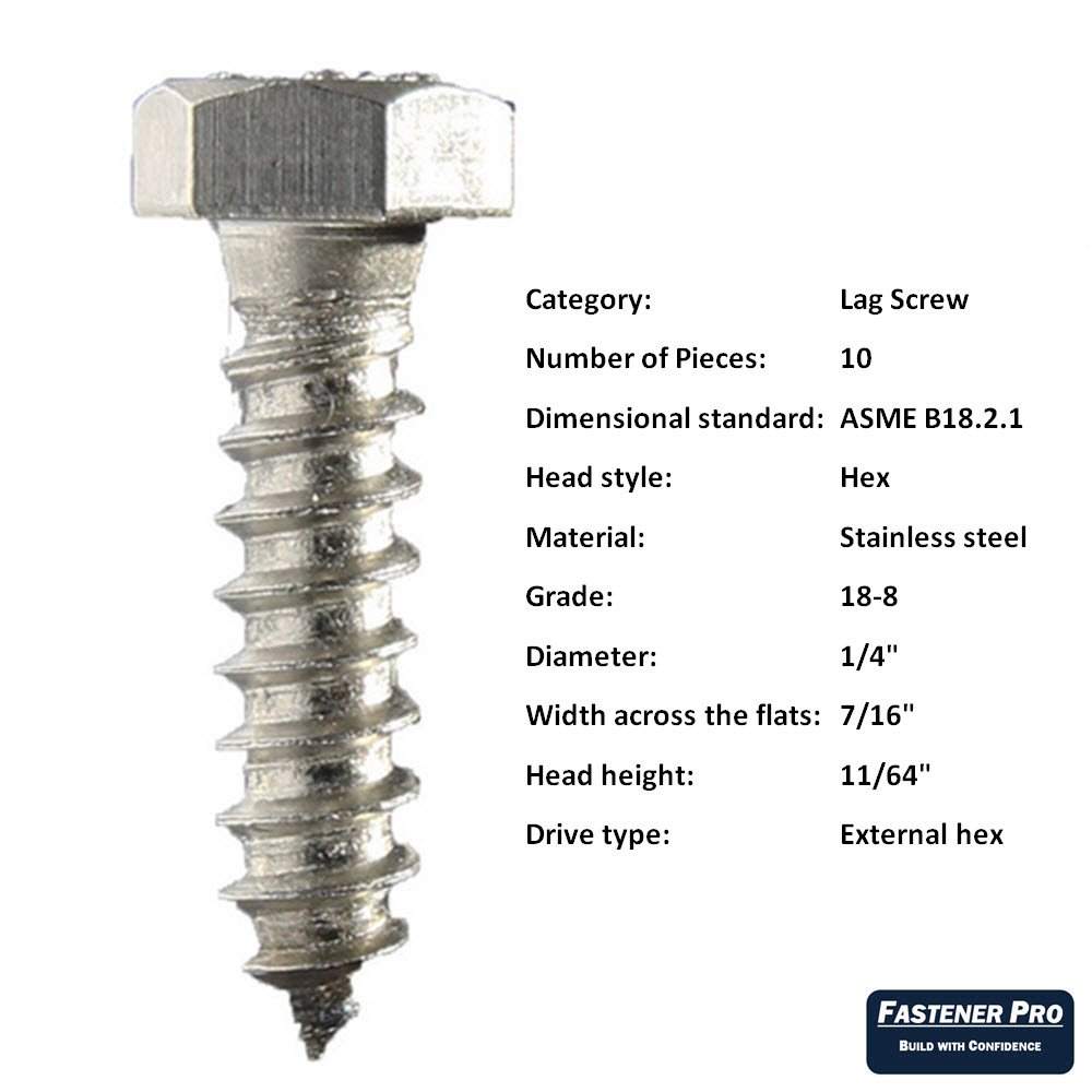 Fastener Pro 1/4 x 1-1/4-Inch Hex Head Lag Screw Kit, 18-8 (304) Stainless Steel, 10-Pack (10 Lag Screws + 10 Flat Washers)
