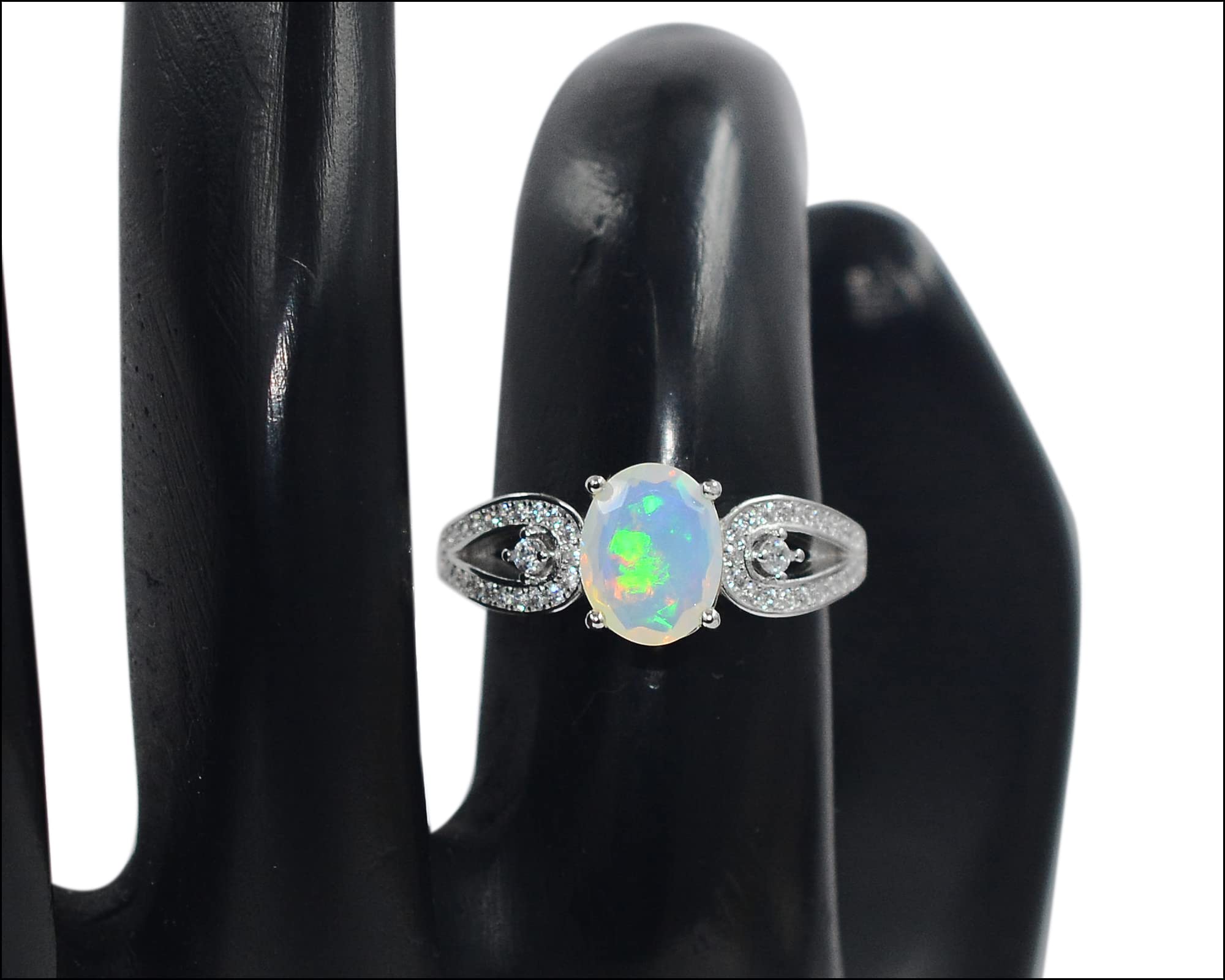 925 Sterling Silver Natural Ethiopian Welo Cut Opal 9X7 MM Oval October Birthstone Solitaire Unisex Proposal Ring For Engagement Gift (Rhodium Plated Silver, 7.5)