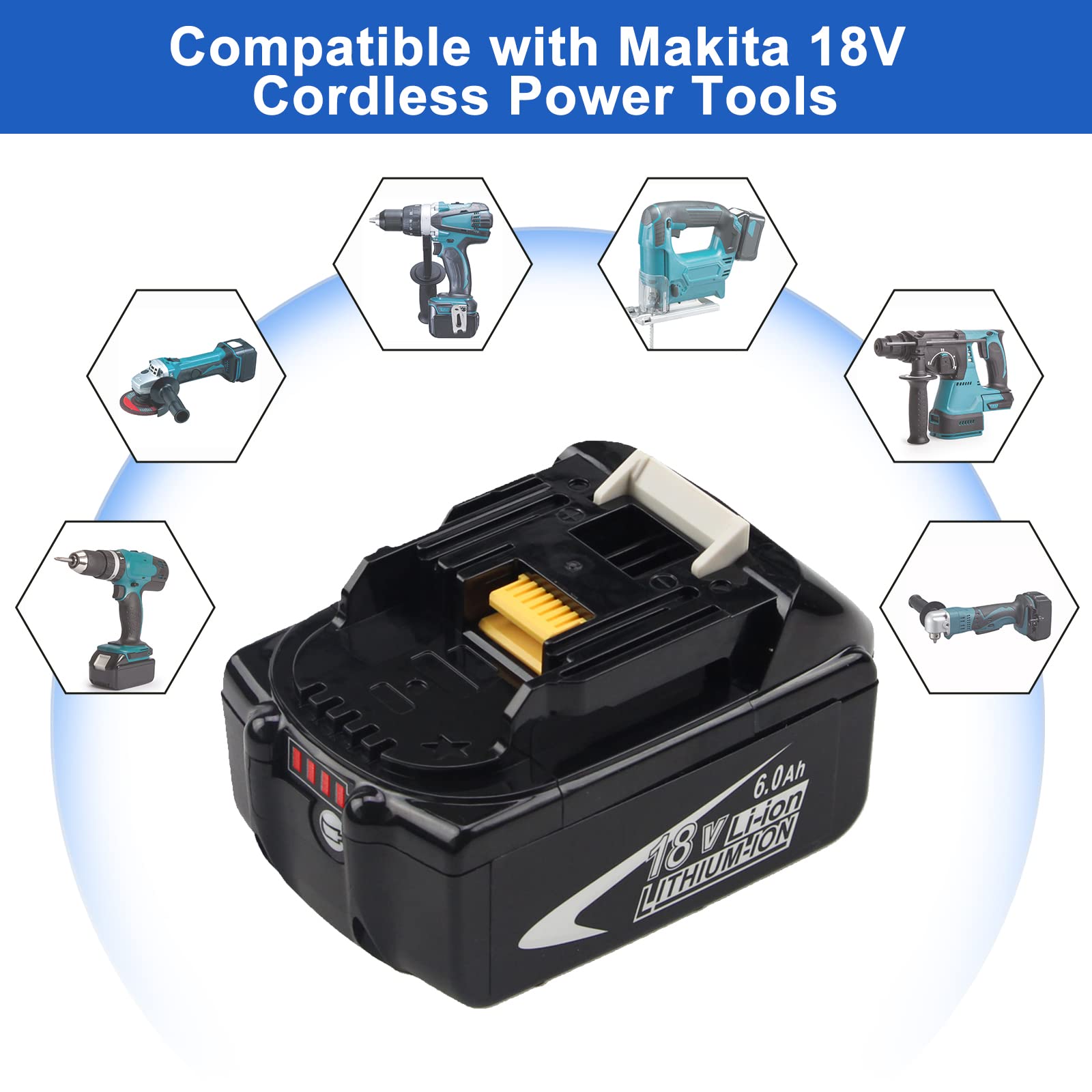 6.0Ah BL1860B Replacement Battery Compatible with Makita 18V Battery BL1860B-2 BL1860 BL1850 BL1840 BL1830 LXT-400 Cordless Power Tools with LED Indicator