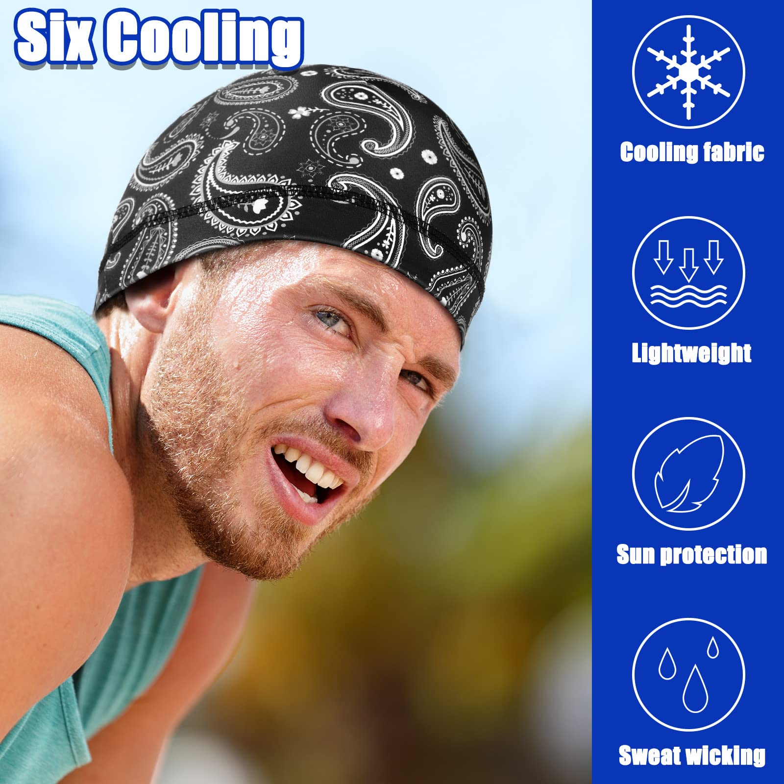 6 Pcs Men Cooling Skull Cap Helmet Liner Sweat Wicking Beanie Head Wrap Bicycle Cycling Running Hat (Lively Style) Multicoloured