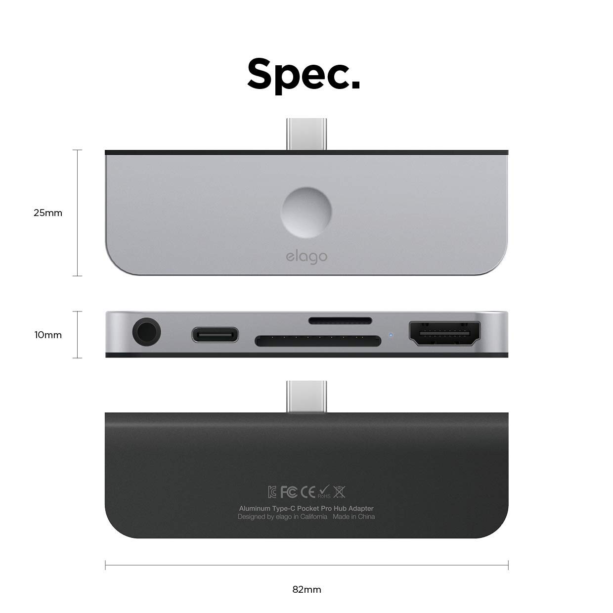 elago Aluminum Type-C Pocket Pro Hub Adapter for iPad/iPad Pro/Other USB-C Devices [4K HDMI, USB-C PD Charging, 3.5mm Audio Jack, SD and Micro SD Slot] (Silver)