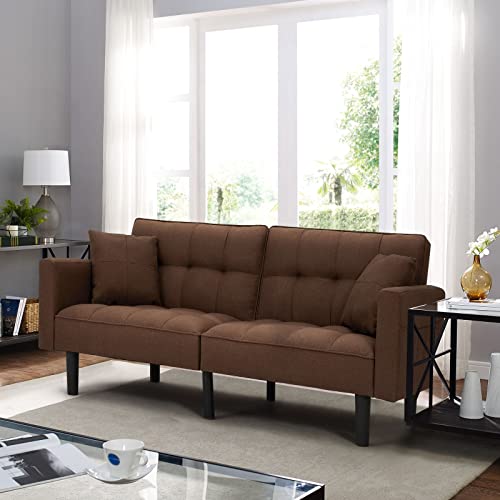 AVAWING Futon Sofa Bed, Modern Linen Fabric Convertible Sofa Bed Upholstered Sofa Couch Bed with Adjustable Back, Arms and High Strength Nylon Legs for Living Room, Apartment, Office(Brown)