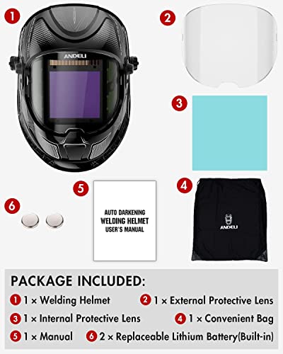 ANDELI Welding Helmet,Panoramic 180° Large Viewing True Color Solar Powered Auto Darkening Welding Helmet with Side View 4 Arc Sensor Wide Shade 4/5-8/9-13 Welder Mask for TIG MIG ARC Grinding Plasma