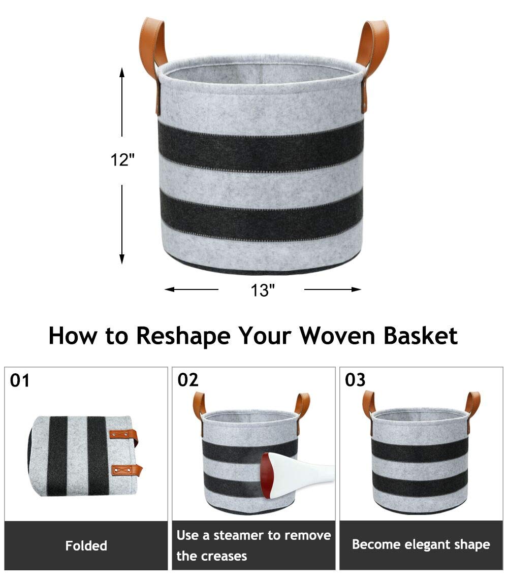 Round Storage Basket Medium Bin Towels Blanket Basket Foldable Laundry Baskets with PU Handles Felt Fabric Bins for Home, Living Room, Bathroom