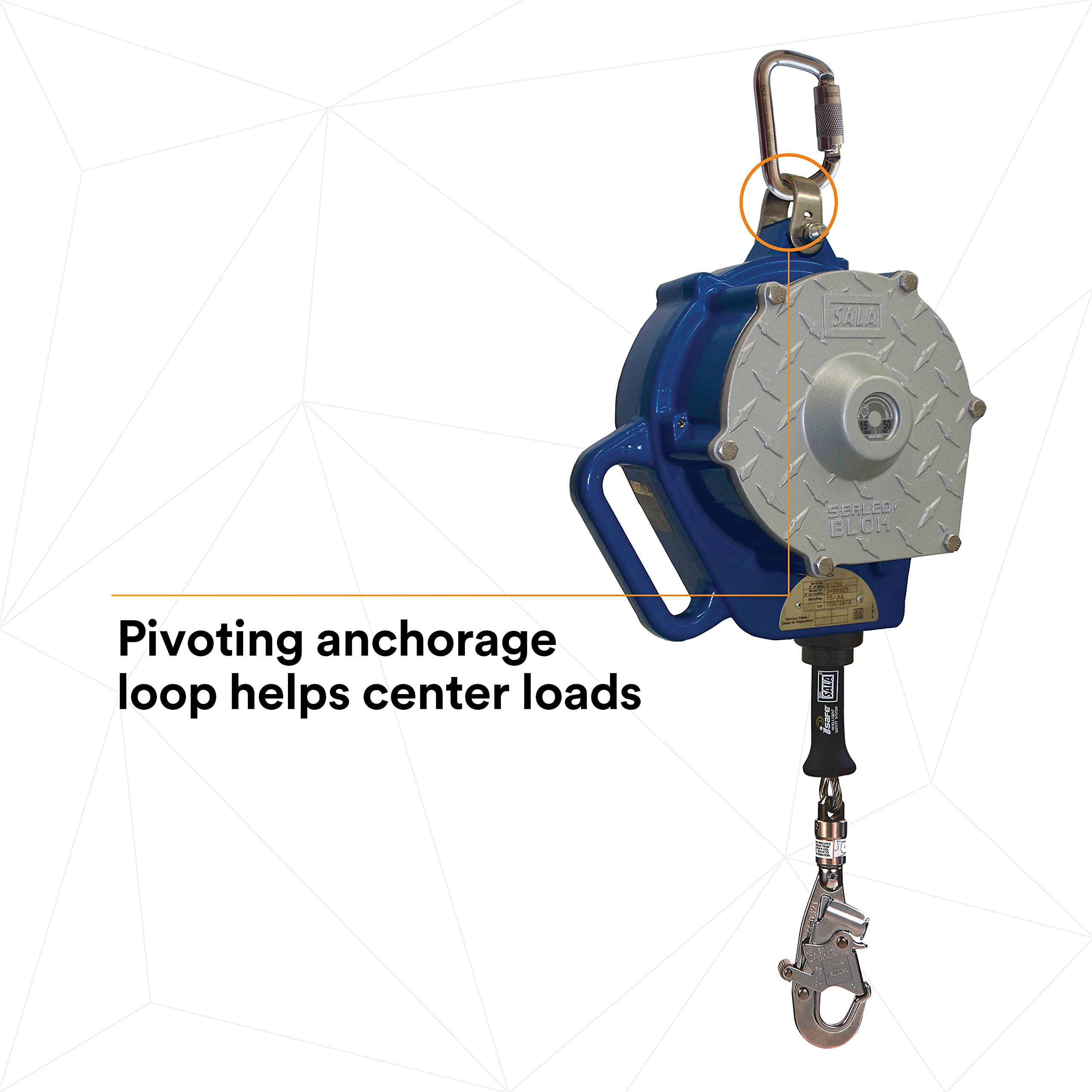 3M DBI-SALA Sealed-Blok 3400902 Self Retracting Lifeline 50' 3/16"" Cable, Swivel Snap Hook, 4' Cable Tie-Off Adaptor, MountBracket, Carabineer, Blue