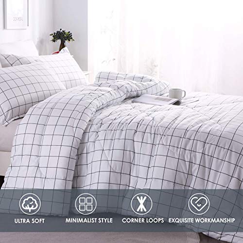 Andency White Grid Comforter Set Twin Size (66x90 Inch), 2 Pieces(1 Grid Comforter and 1 Pillowcase), Summer Lightweight Microfiber Down Alternative White Comforter with Black Lines for Kids Girls