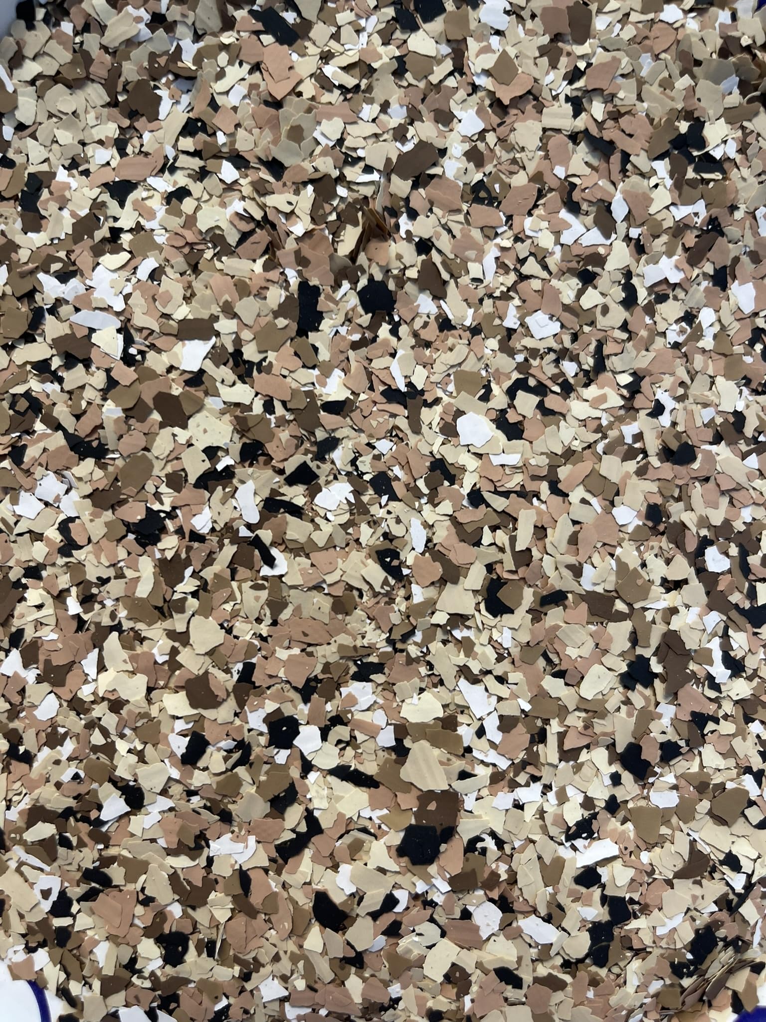 5 Lbs Of Sddltan Beige, Browns, Tan, Peach, Black and White Chips/Flakes in 1/4 Size. Epoxy Garage Floor Coating.