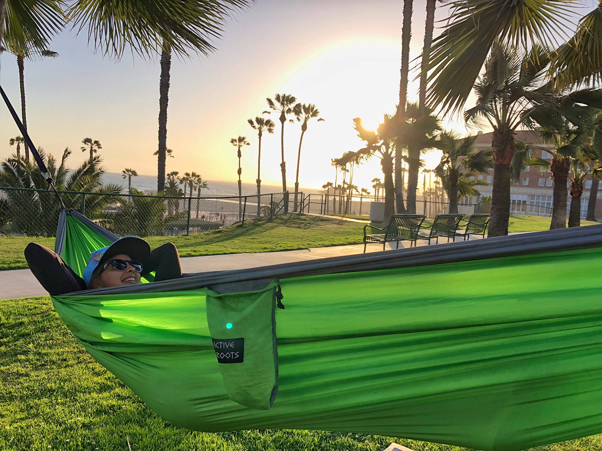 Active Roots Double Camping Hammock with Tree Straps - Portable Hammock, Parachute Nylon Lightweight Hammock for Backpacking, Travel, Indoor, Outdoor (Green/Grey)