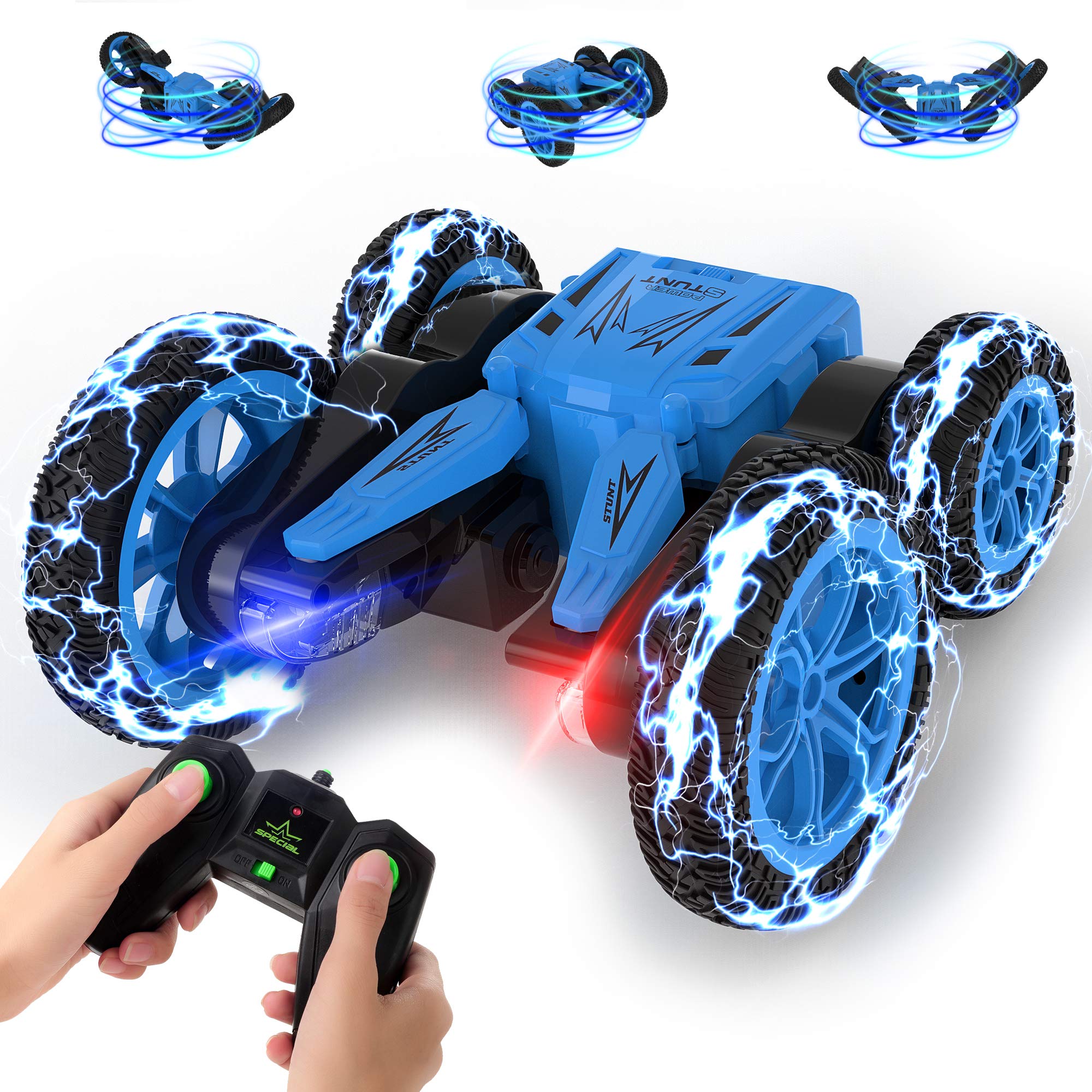 Batlofty Stunt Car Toy, 4WD 2.4Ghz Remote Control Car Double Sided Drive 360° Rotating & Tumbling RC Cars, High Speed, Cool Lights, Off-Road Racing Vehicle Gift Toy Cars for 8+ Girls and Boys, Blue