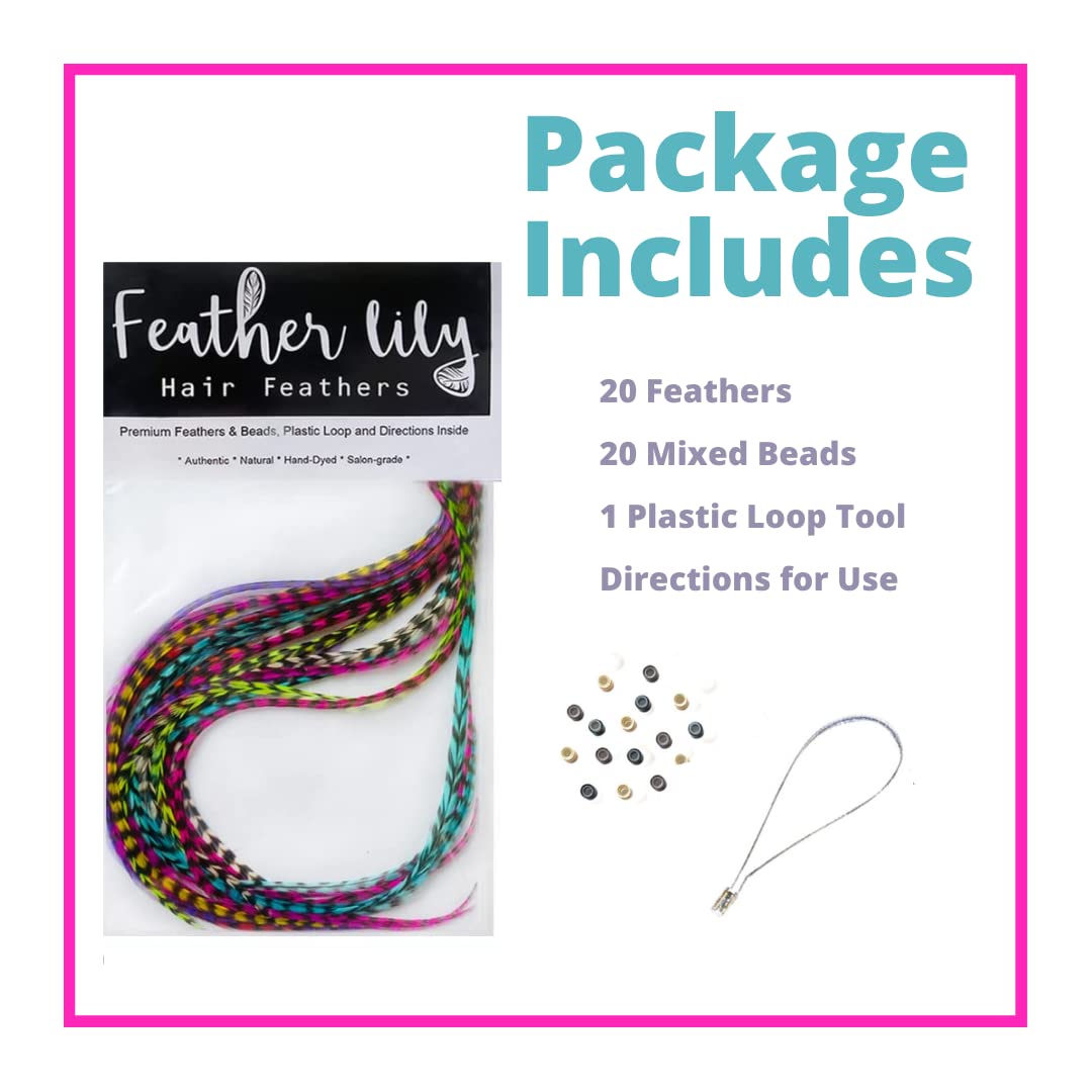 Feathers for Hair, 20 Rainbow Rooster Feathers Hair Extensions Kit with Silicone Beads and Loop Tool All Bright Colors- Pink, Blue, Red, Purple, Orange, Yellow, Green Striped Grizzly Feathers
