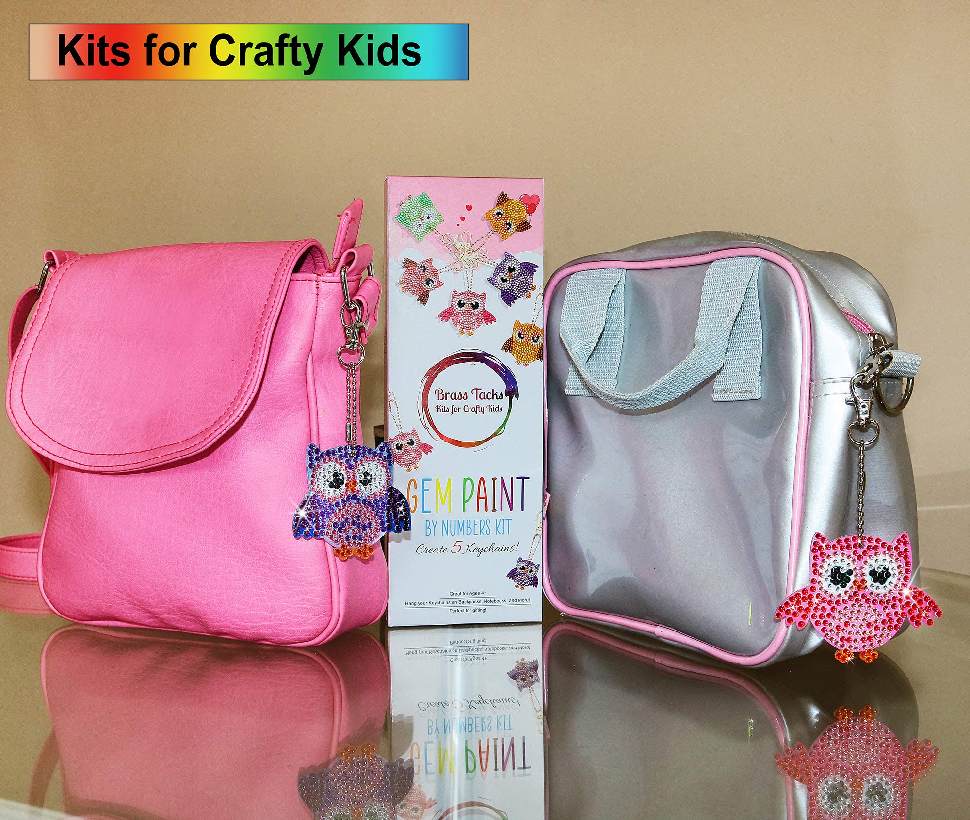 BRASS TACKS KITS FOR CRAFTY KIDS Gem Painting Kit- Make Your Own Keychains- Diamond Art Painting by Numbers (Owl)