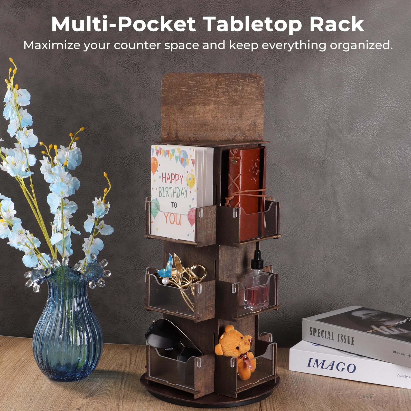 3-Tier Rotating Sticker Display Stand, 4-Sided Wood Greeting Card Display Rack, 360 Countertop Rotating Shelf for Cards, Stickers, Coasters, Multi-Pocket Tabletop Holder for Retail Tradeshow Showcase