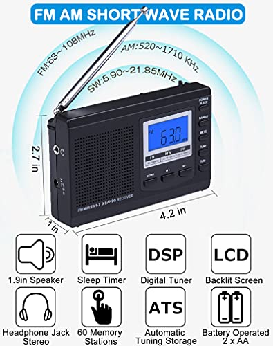 HanRongDa AM FM Shortwave Radio Portable with Excellent Reception and Backlit, Battery Operated Radios with Alarm Clock and Sleep Timer, Small Digital Tuner for Camping, Fishing, Traveling HRD-310