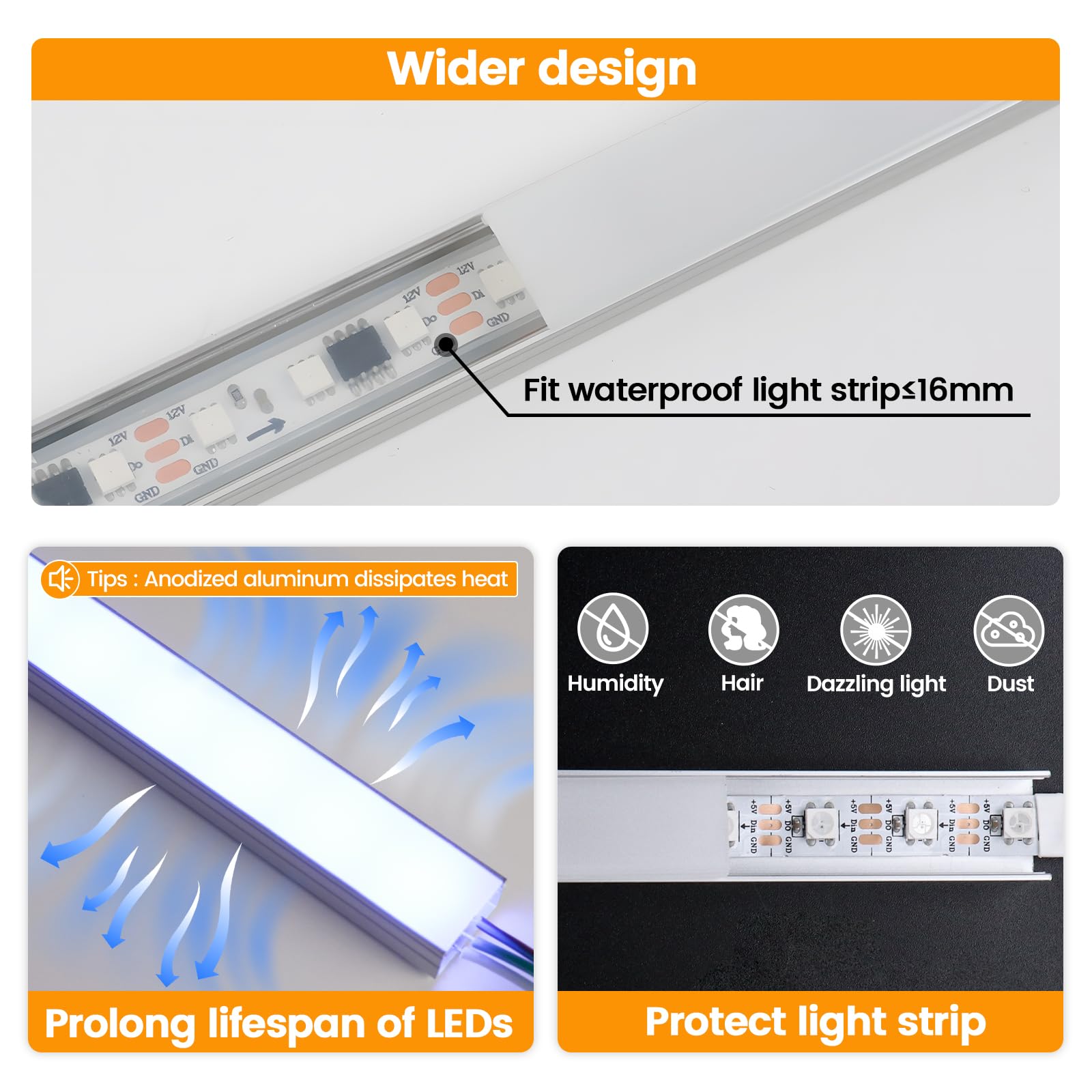 Muzata 10Pack 6.6FT/2M Wider LED Channel Black Aluminum LED Diffuser Channel with Milky White Cover U102 BW 2M