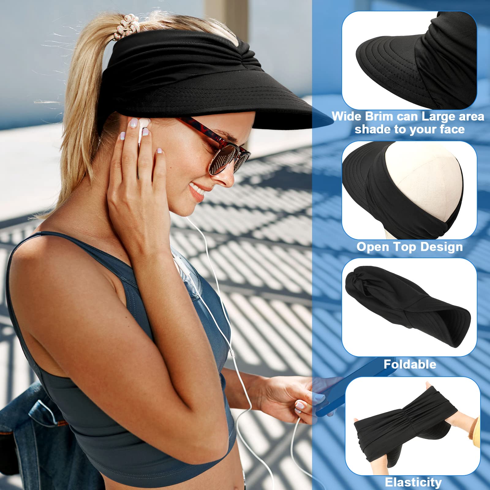 6 Pcs Women Sun Visor Hat Wide Brim Summer Cap UV Protection Beach Sport Cap for Golf Hiking Men (Black)