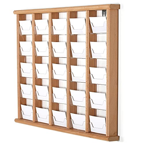 M&T Displays Wall Mount Wooden Rustic Card Holder Organizer 25 (5x5) Clear Acrylic Pockets 5 Tiered Letter Flyers Shelves for Offices Banks Schools Hospitals Natural Wood