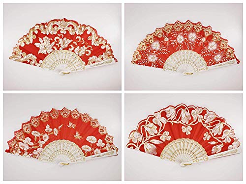 YRP 12 Pc Mix Spanish Style Red and Gold Glitter Floral Pattern Folding Fan for Wedding Party Decor/Sweet 15 favors/Dancing Hand Fan/Table Setting/Wall Decoration/Out Door Wedding/Wedding Gift