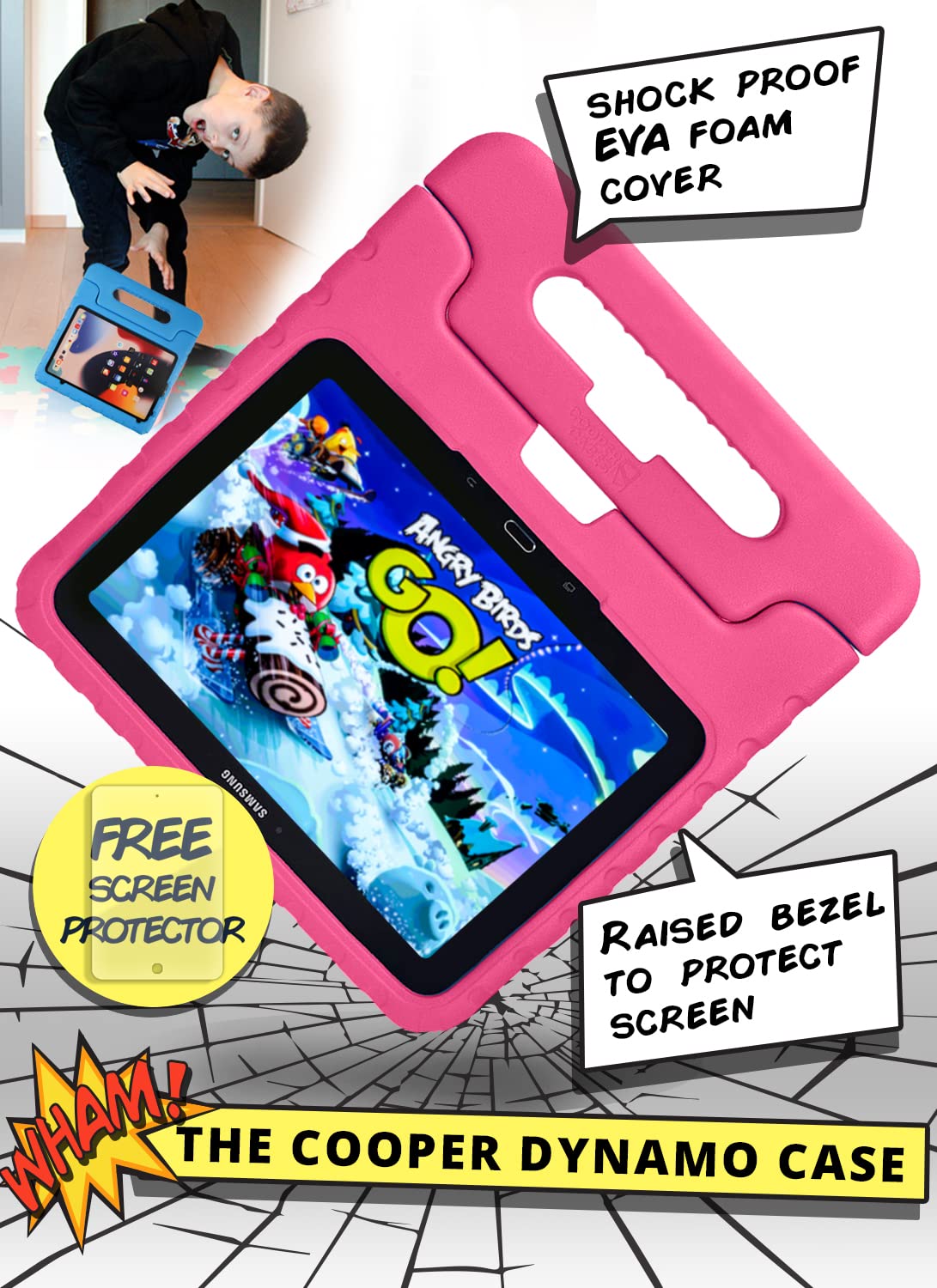 Cooper Dynamo [Rugged Kids Case] Protective Case for Samsung Galaxy Tab 4 10.1, Galaxy Tab 3 10.1 2013/2014 Released only | Child Proof Cover with Stand, Handle (Pink)
