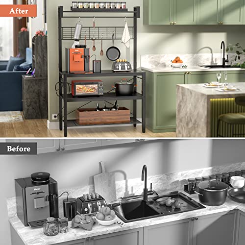 Bakers Rack with Power Outlet, 4-Tier Microwave Oven Stand, Coffee Bar Station with 10 Hooks, Large Kitchen Storage Shelf with Hutch, Black