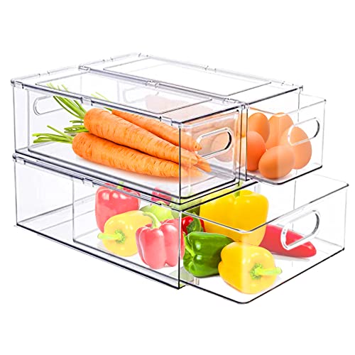bealy 3 Pack Refrigerator Organizer Bins with Pull-out Drawer,Fridge Drawers Clear Stackable Storage Bins Containers for Freezer, Refrigerator, Fridge Organization,Kitchen Organization and Storage