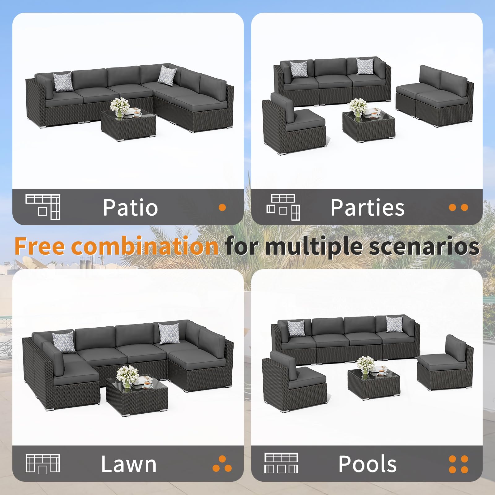 Oakcloud 7-Piece Outdoor Patio Furniture Sofa Set Black Rattan Wicker Sectional Conversation Sets with Glass Top Table and Cushions(Grey)