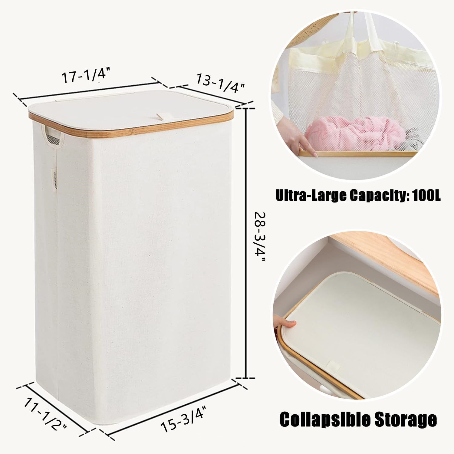 RHBLME 100L Slim Laundry Hamper with Lid, Ultra-Large Capacity Laundry Hamper with Removable Bags and Bamboo Handles, Collapsible Laundry Hamper for Towels, Toys, Clothing, and More