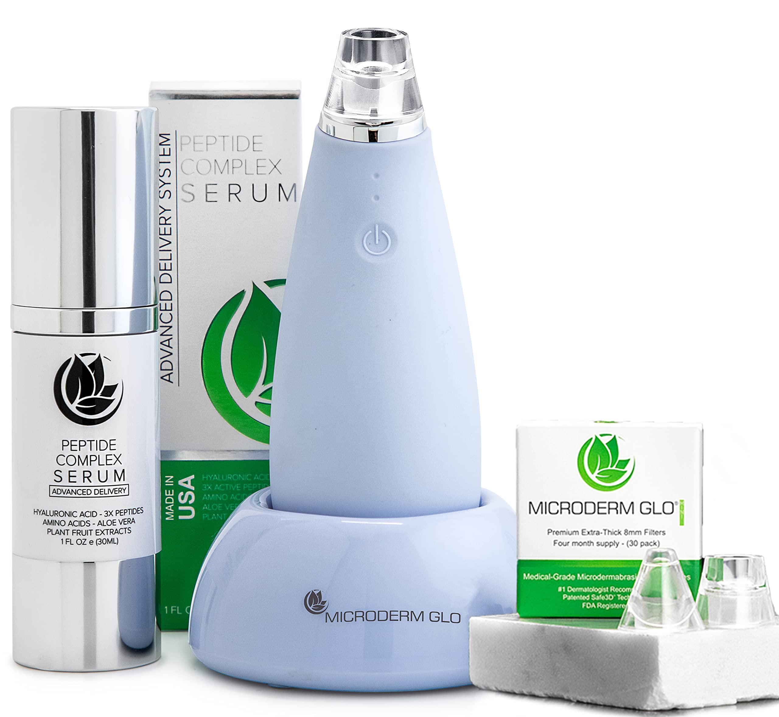 Microderm GLO MINI Premium Skincare Bundle - includes Blackhead Remover Vacuum Tool, 8mm Filters 30 pack, Peptide Complex Serum. Best Anti Aging Treatment Black Head Remover and Pore Extractor Kit