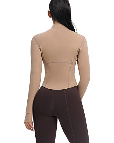 AVGO Women's Cropped Running Workout Jackets Zip Slim Fit Athletic Tops with Thumb Holes(Cream Coffee, S)