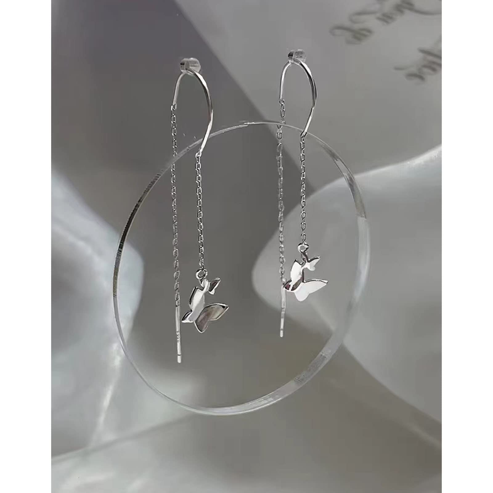 925 Sterling Silver Crystal Butterfly Drop Dangle Earrings for Women Long Tassel Chain Threader for Women Statement Jewelry