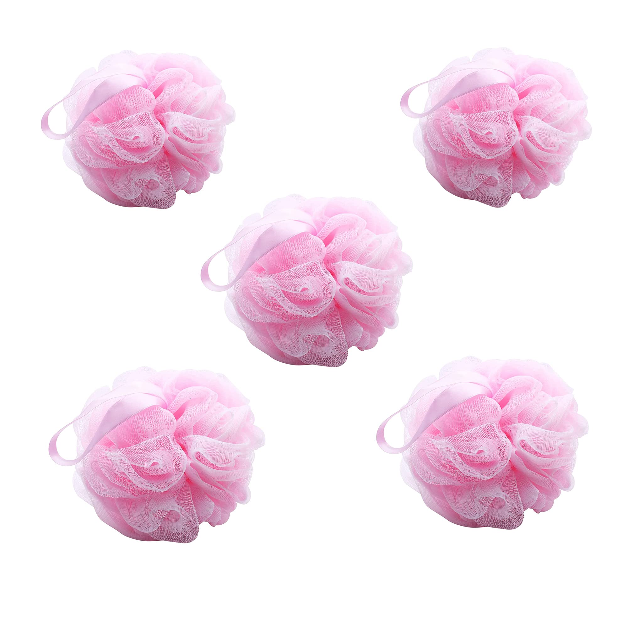5 Pack Bath Sponge Shower Loofahs Poufs Large Soft Body Scrubber Exfoliating for Silky Skin Mesh Poufs for Men and Women 65g/Pcs (Pink Large)