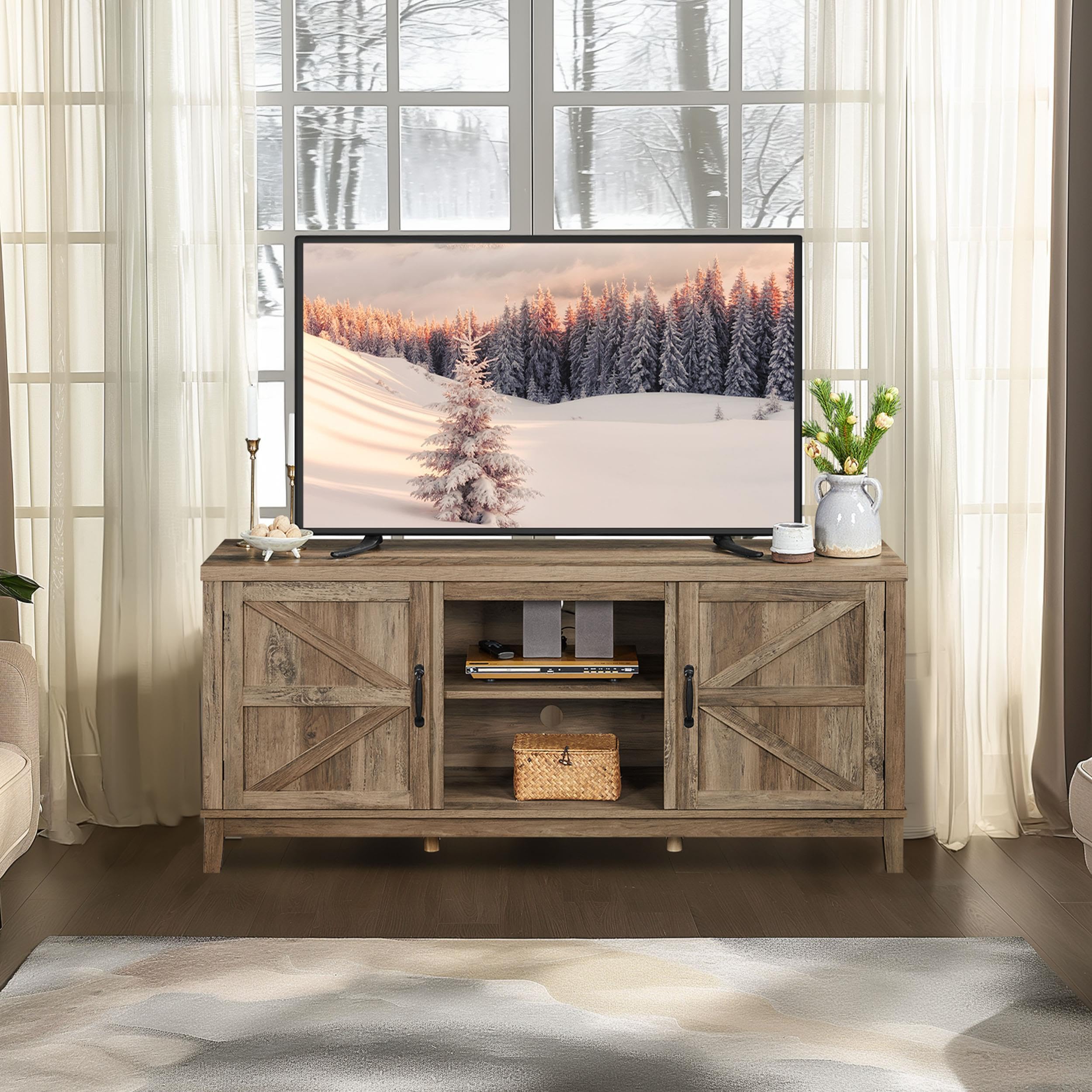 Yaheetech TV Stand Entertainment Center for 55 65 Inch TV, Farmhouse Storage TV Console Cabinet with Barn Doors for Living Room, Rustic Oak