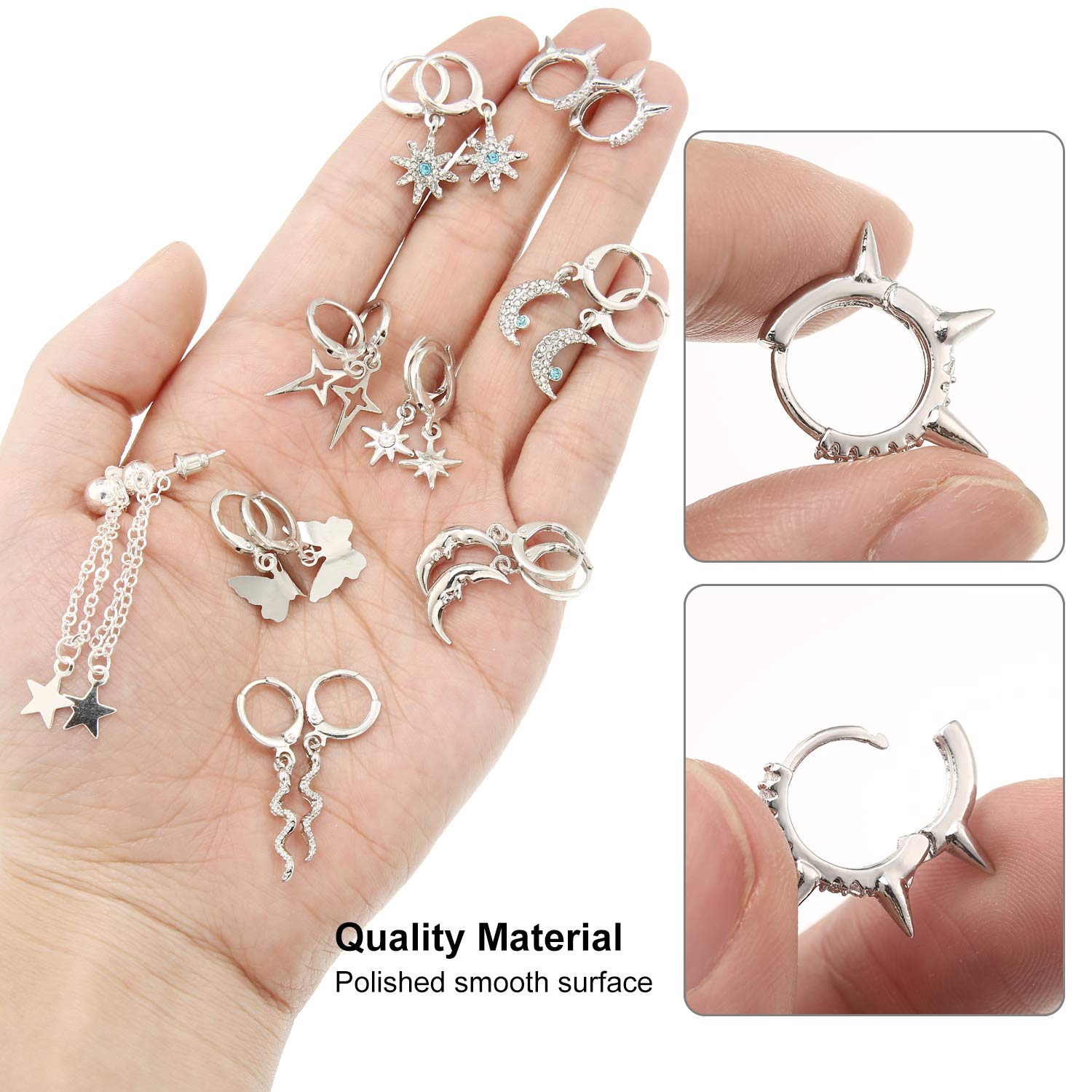 9 Pairs Small Hoop Earring with Charms Huggie Hoop Dangle Earrings Drop Pendant Hoop Earrings for Women (Silver)