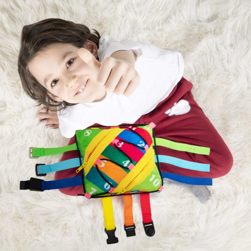 teytoy Sensory Buckle Pillow for Toddler Children Learning Fine Motor Skill & Problem Solving Buckles Educational, Montessori Fidgets Travel Toy for Kids Plush Threading Counting Zipper-12 Basic Skill