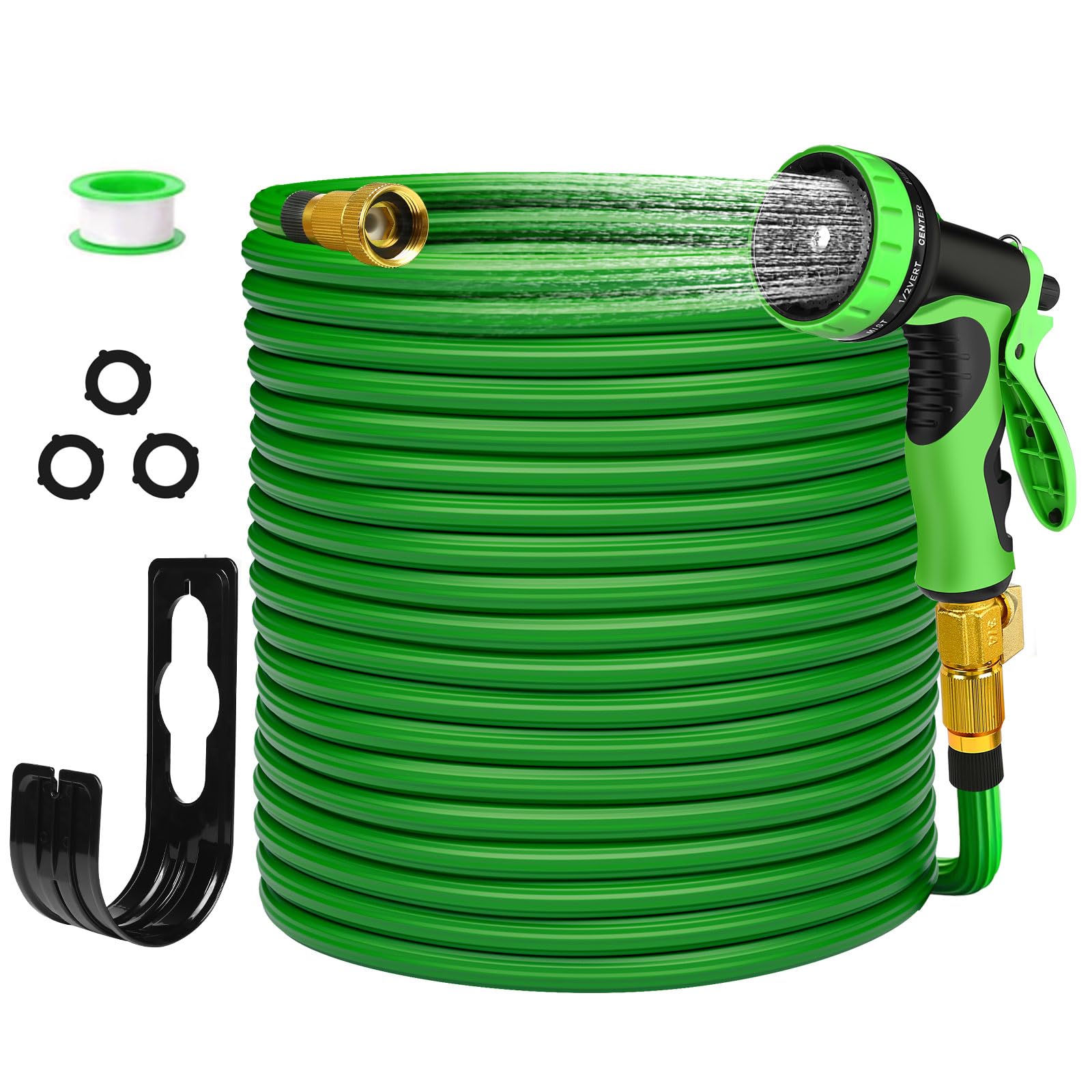 Ajokysho Garden Hose, 100ft Expandable Garden Hose with 10 Functions Spray Nozzle, Water Hose with 3/4"" Solid Brass Connector, Flexible and Leakproof Water Pipe for Car Washing, Green, SG-100FT