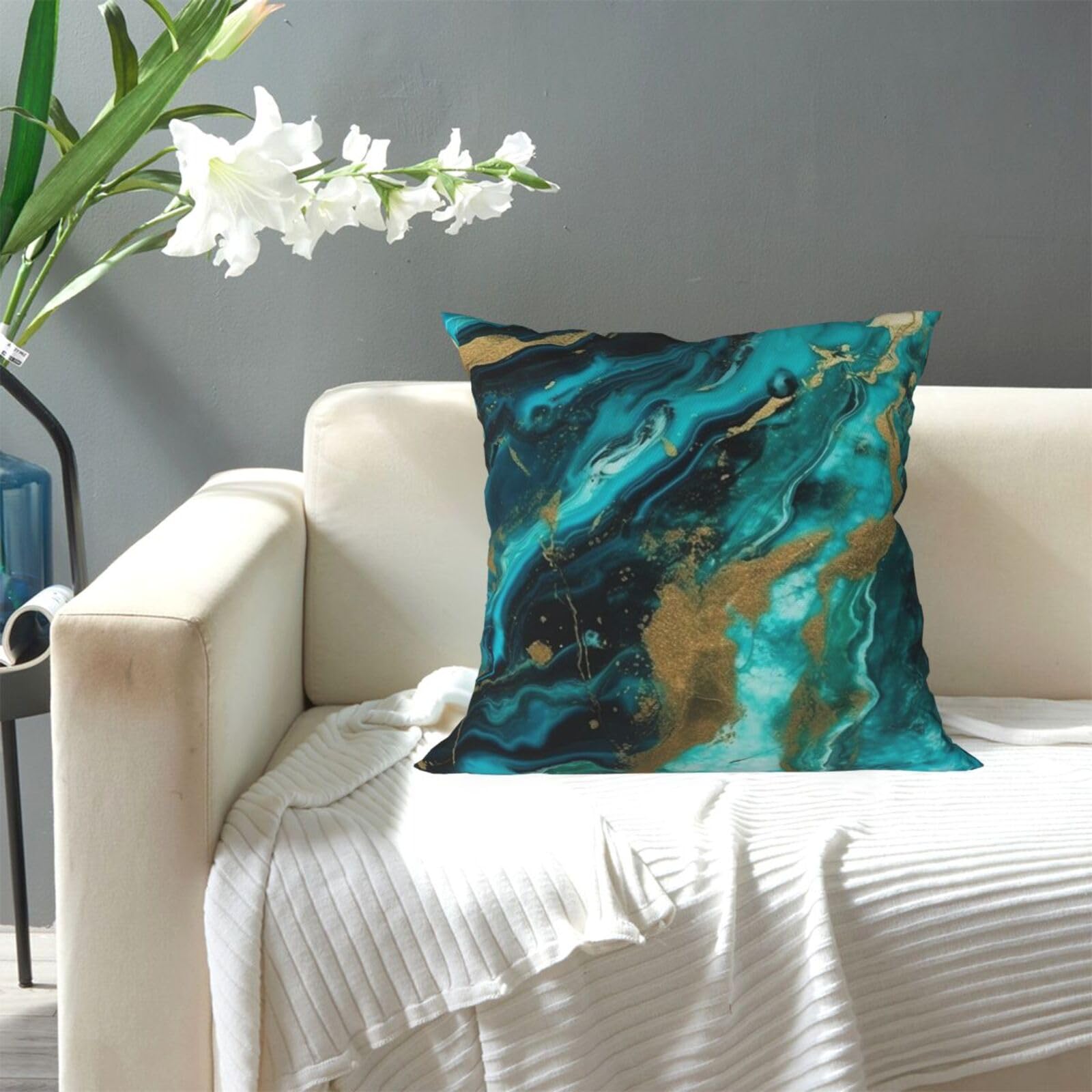 AdaNti Turquoise Blue Gold Marble Print Throw Pillow Cover Square Soft Cushion Cover Throw Pillow Case for Home Decor Living Room Bed Couch Car 20"x20"