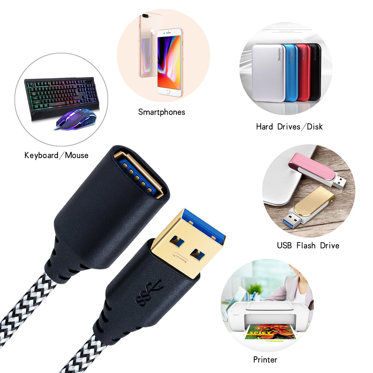 USB 3.0 Extension Cable, Besgoods 2-Pack 10ft USB to USB Extension Cable Braided USB Extender Cable - A Male to A Female Fast Data Extension Cord with Gold-Plated Connector – White