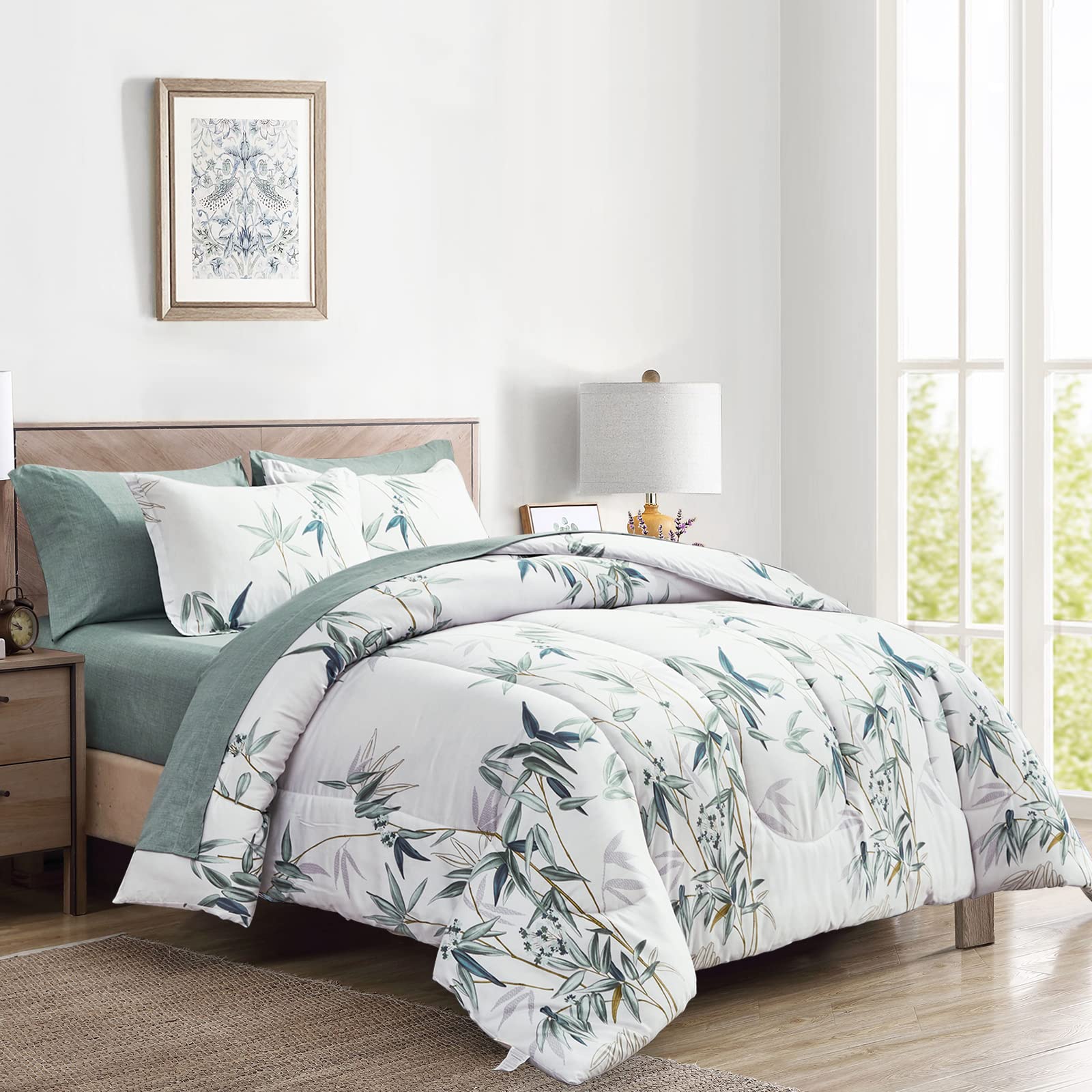 6 Pieces Bed in a Bag Twin Comforter Set with Sheets, Green Leaves on White Botanical Design Bedding Sets for Kids (1 Comforter, 2 Pillow Shams, 1 Flat Sheet, 1 Fitted Sheet, 1 Pillowcases)