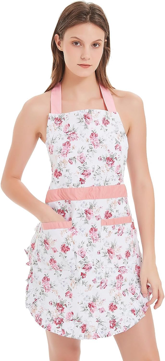 ALIPOBO Lovely Apron for Women, Lady’ s Cotton Apron with Adjustable Neck Strap, 2 Pockets and 41.5” Long Ties, Cute Apron for Kitchen Cooking, Home Baking - 30” x 27” - 1 Pcs