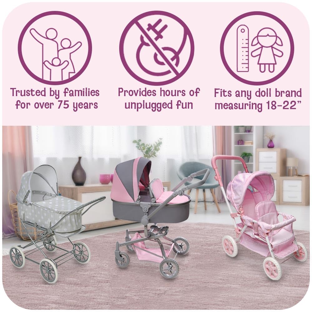 Badger Basket English Style Doll Stroller β Fits 18 to 22-inch Dolls, Classic Pretend Play Toy with Adjustable Canopy