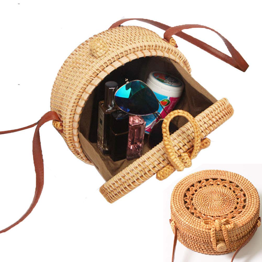BaellerryRound Woven Ata Rattan Bag Summer Beach Shoulder Bag for Women, Beige, Medium