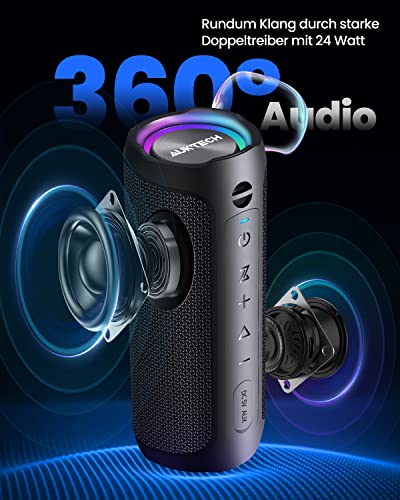AUKTECH Bluetooth Speakers - Portable Speakers Bluetooth Wireless(100ft), 24W Loud Stereo Sound, Led Lights, 20H Playtime, IPX7 Waterproof Speaker for Outdoor, Home, Party, Beach, Shower