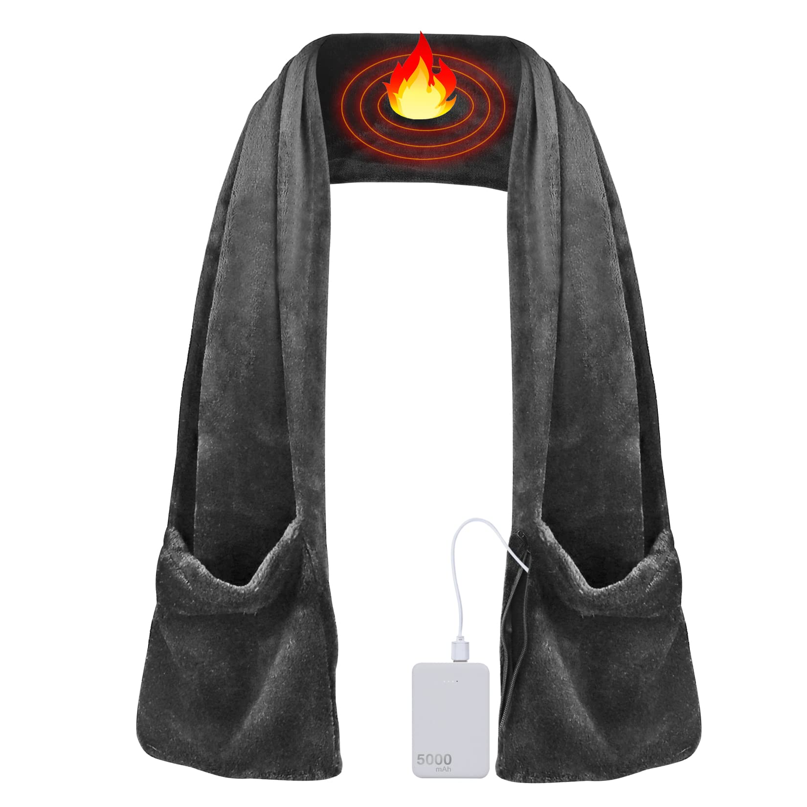 AK-SHIP Heated Scarf, USB Heated Shawl Electric Neck Warmer with Double Pockets Thermal Scarf Warming Mask and 5000mAh Power Bank [Black]