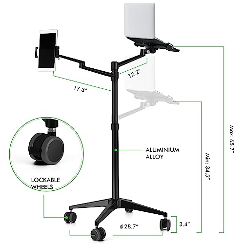 viozon Tablet and Laptop Floor Stand, 2-in-1 Rolling Adjustable Dual arm, Compatible with 4.5~13'' Phone and Tablet Compatible with iPhone, iPad Pro, iPad, Extra Tray Fits 12 to 17'' Laptop/Notebook(B