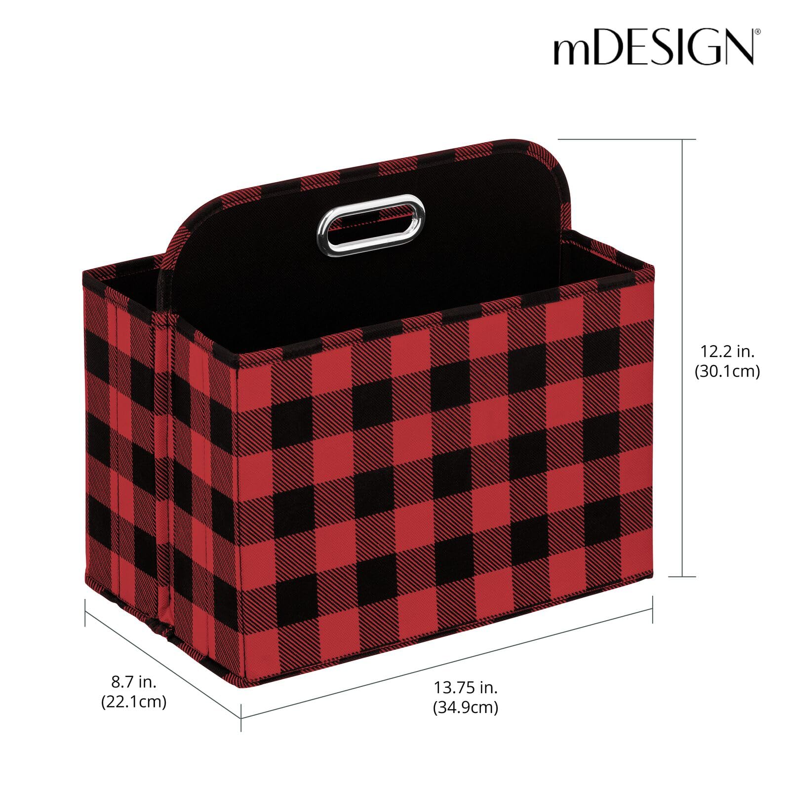 mDesign Holiday Storage Box for Gift Wrapping and Bows with Compartments and Handle - Christmas Organizer Tote for Ribbons - Divided Container for Crafts and Stationary - Buffalo Plaid, Red/Black