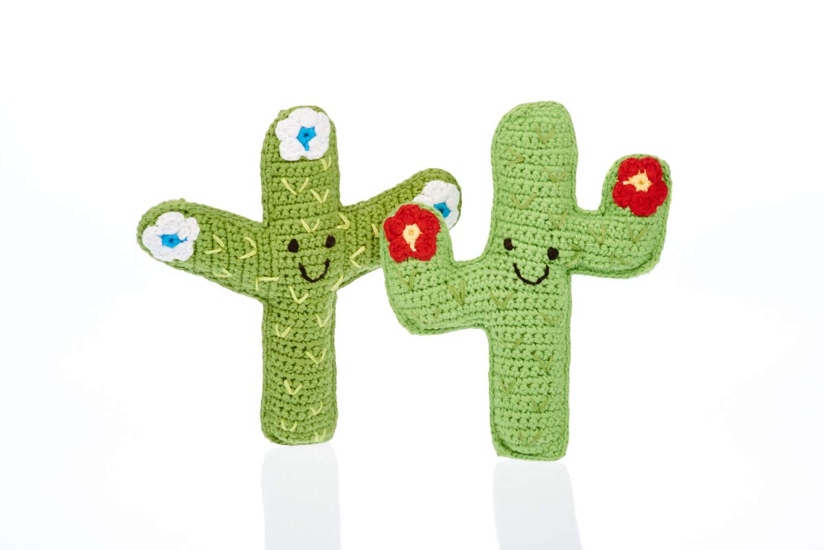 Pebble 200-018BA Fair Trade Friendly Cactus Buddy Baby Rattle with Red Flowers Suitable from Birth, 7-inch Width