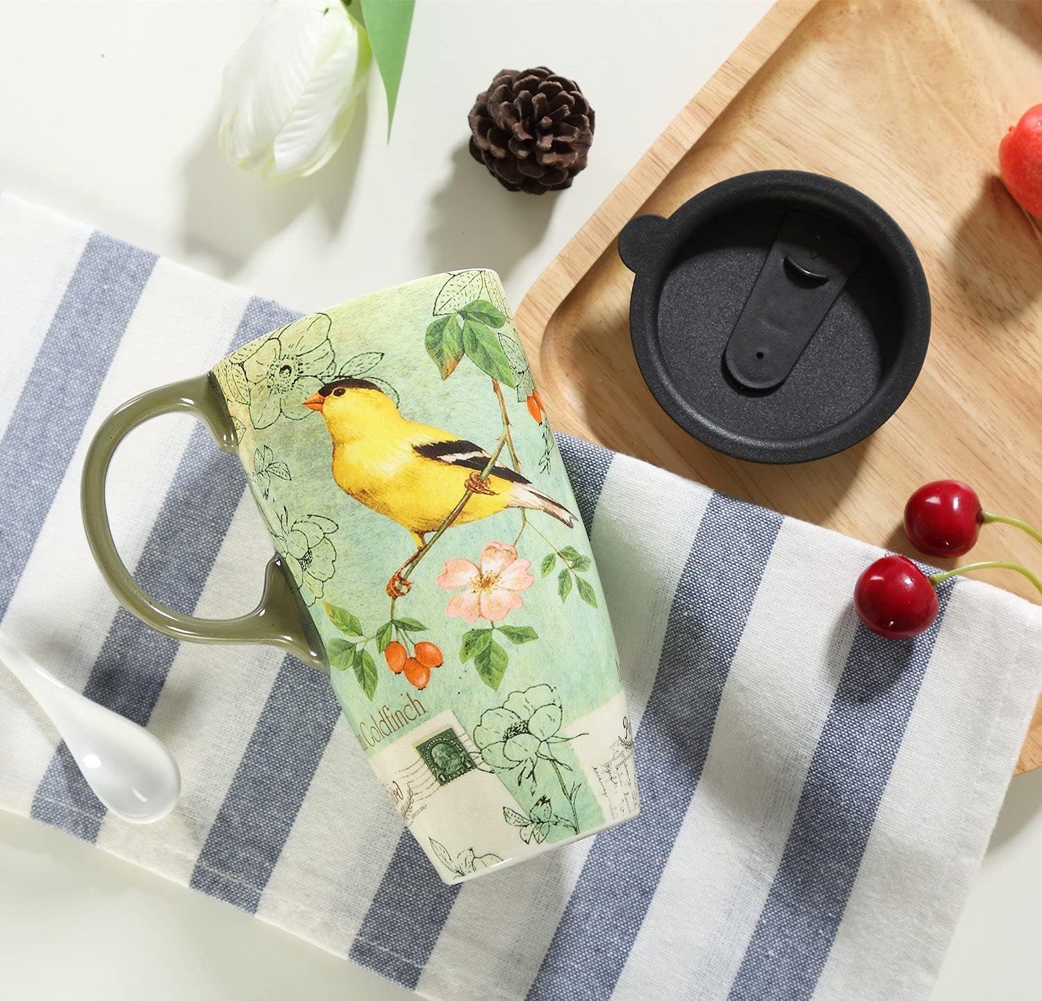 TZSSP Coffee Ceramic Mug Porcelain Latte Tea Cup Travel Mug With Lid 17oz,Song Bird