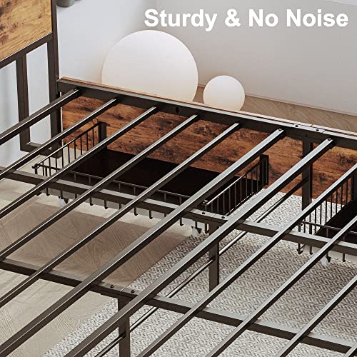 LIKIMIO King Bed Frame with Storage Drawer, 2-Tier Storage Headboard with Charging Station, No Box Spring Needed, Easy Assembly, Vintage Brown