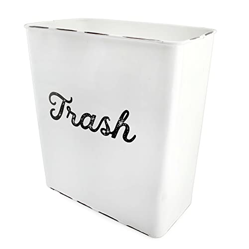 AuldHome White Enamel Trash Can, Rustic Farmhouse Wastebasket for Bathroom, Bedroom, or Office