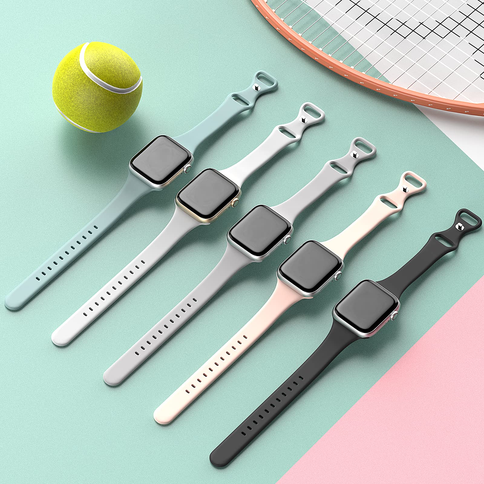 5 PACK Slim Band Compatible with Apple Watch Band 38mm 40mm 41mm 42mm 44mm 45mm for Women Men, Thin Narrow Soft Silicone Replacement Strap Band for iwatch SESeries 7654321